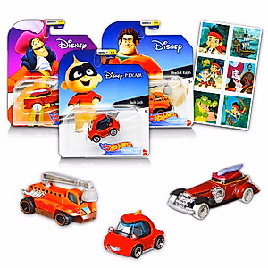 Disney Hot Wheels Character Cars Set - Bundle with 3 Hot Wheels Toy Cars Featuring Captain Hook, Wreck-It Ralph, and Jack Jack Plus Jake and The Neverland Pirates Stickers (Hot Wheels Toys)