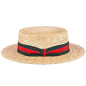 ZAKIRA Classic Straw Boater Hat Handmade from Natural Straw (Green-Red Band, M)