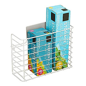 mDesign Metal Hanging Shelf-Adhesive Kitchen Storage Organizer Basket Bin - For Bags, Tin Foil, Wax Paper, Saran Wrap - Hardware Included, Solid Steel - White
