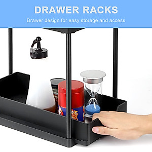 FGSAEOR 2-Tier Under Sink Organizer with Sliding Storage Drawer, Multi-Purpose Bathroom Cabinet Organizer Baskets, Kitchen Under Sink Storage Rack with 4 Hooks and Handle (Sliding-Black)