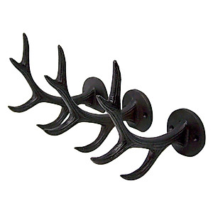 Wowser Four Point Dark Brown Deer Antler Cast Iron Wall Mount Coat Hooks, 5 1/2 Inch, Set of 3