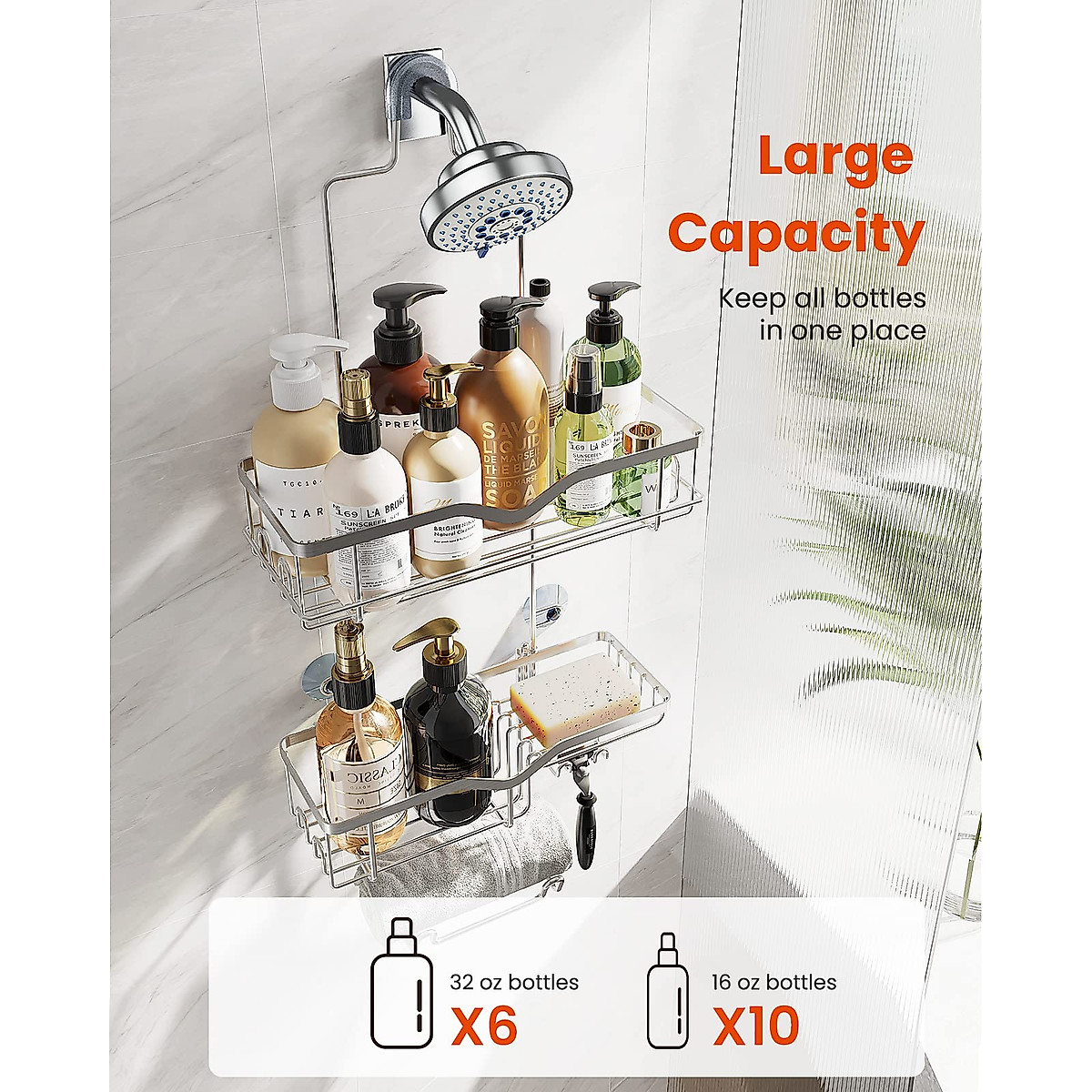 Amada Hanging Shower Caddy, Shower Caddy Over Shower Head, Rustproof Stainless Steel Shower Organizer with Soap Holder & Hooks, Shower Rack for Shampoo, Sponges, Towels, No Drilling Required, Silver