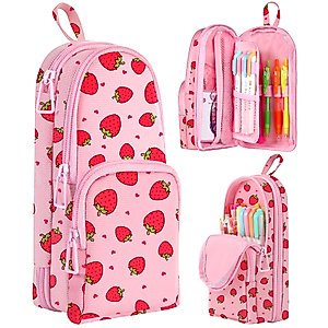 LISEVO Cute Strawberry Pencil Case,Unique Aesthetic 3D Schoolbag-Shaped Pencil Pouch for Girls Boys Kids Women,Big Capacity Pen and Pencil Stationery Organizer Bag with Zippers for School Office