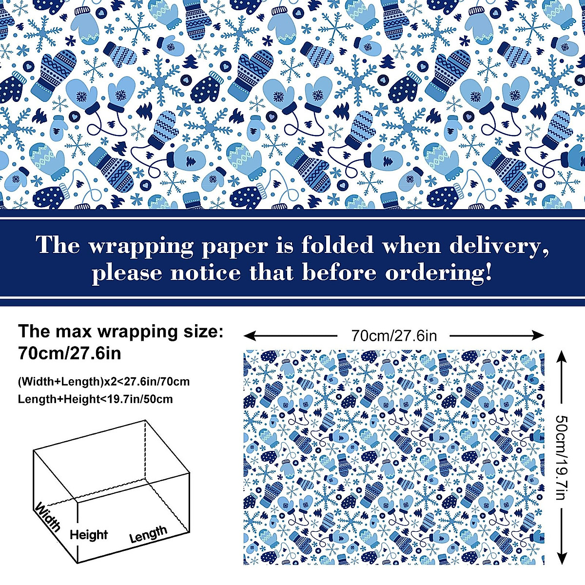 AnyDesign 12 Sheet Christmas Wrapping Paper Blue White Winter Gift Wrap Paper Bulk Snowman Snowflakes Xmas Tree Art Paper, 27.6 x 19.7 Inch, Folded Flat