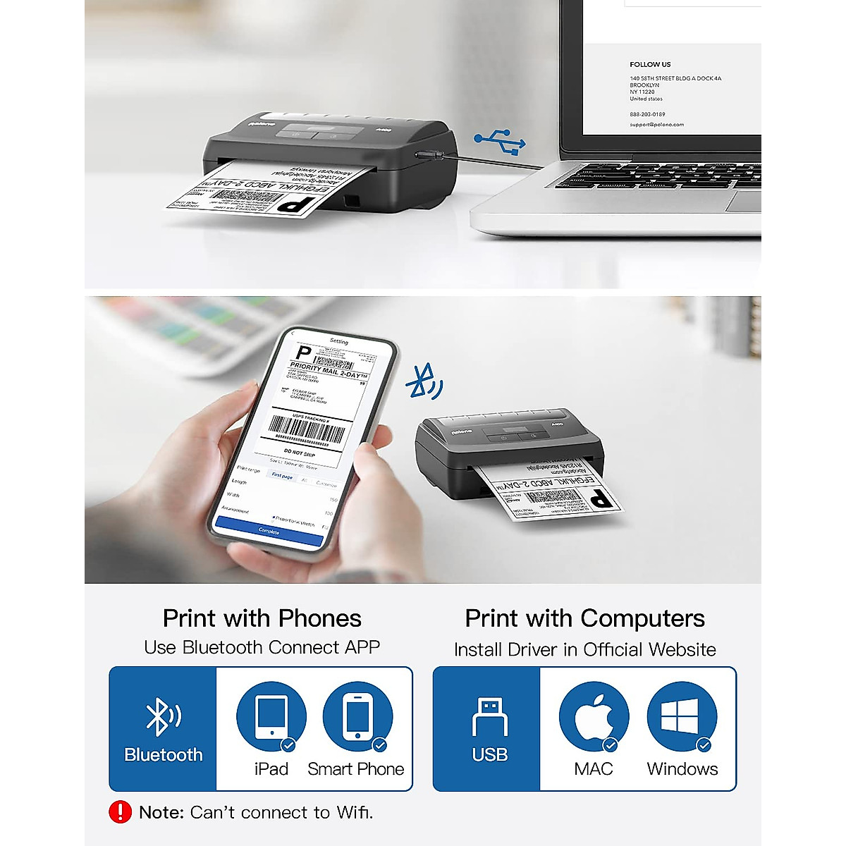 POLONO A400 Bluetooth Thermal Label Printer, 4x6 Label Printer for Shipping Packages Small Business, Bluetooth Shipping Label Printer for iPhone, Android & PC, Compatible with Amazon, Ebay, ect.