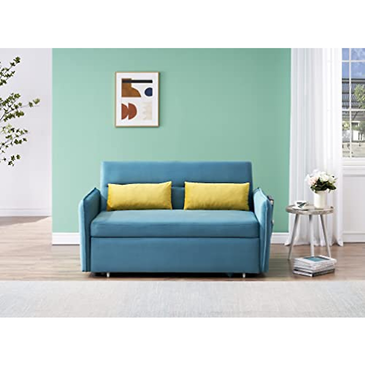 ERYE 3-in-1 Upholstered Futon Loveseat Convertible Sleeper Bed,2-Seaters Sofa & Couch Soft Cushions Love Seat Daybed for Small Space Living Room Sets Sofabed, Blue Velvet 2 Pillows Side Pockets Twin