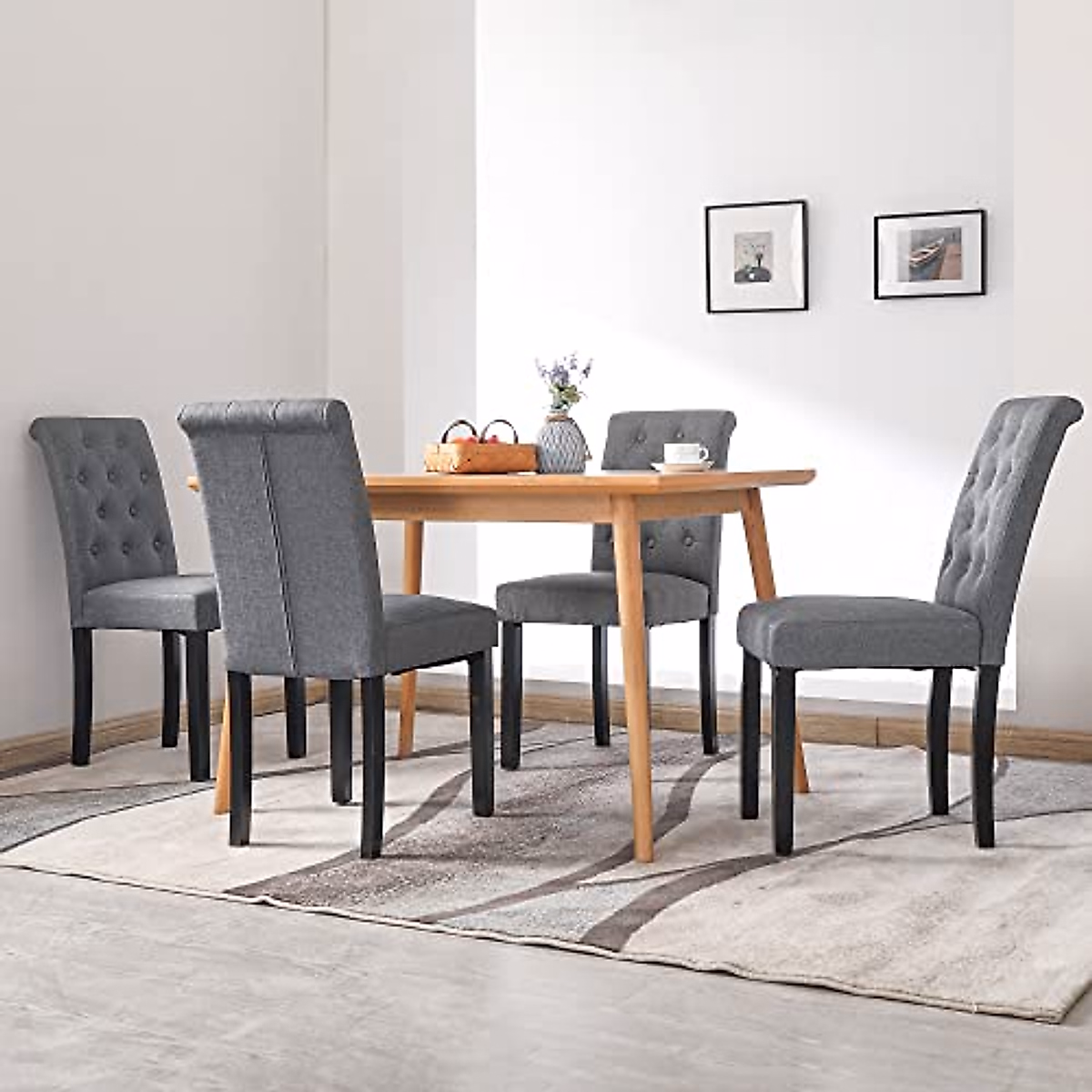 LSSBOUGHT Button-Tufted Upholstered Fabric Dining Chairs with Solid Wood Legs, Set of 4 (Gray)