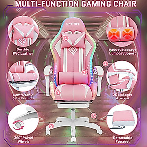 HOFFREE Pink Gaming Chair with Bluetooth Speakers and LED RGB Lights Cute Ergonomic Massage Computer Gaming Chair with Footrest High Back Video Game Chair with Lumbar Support Pink and White
