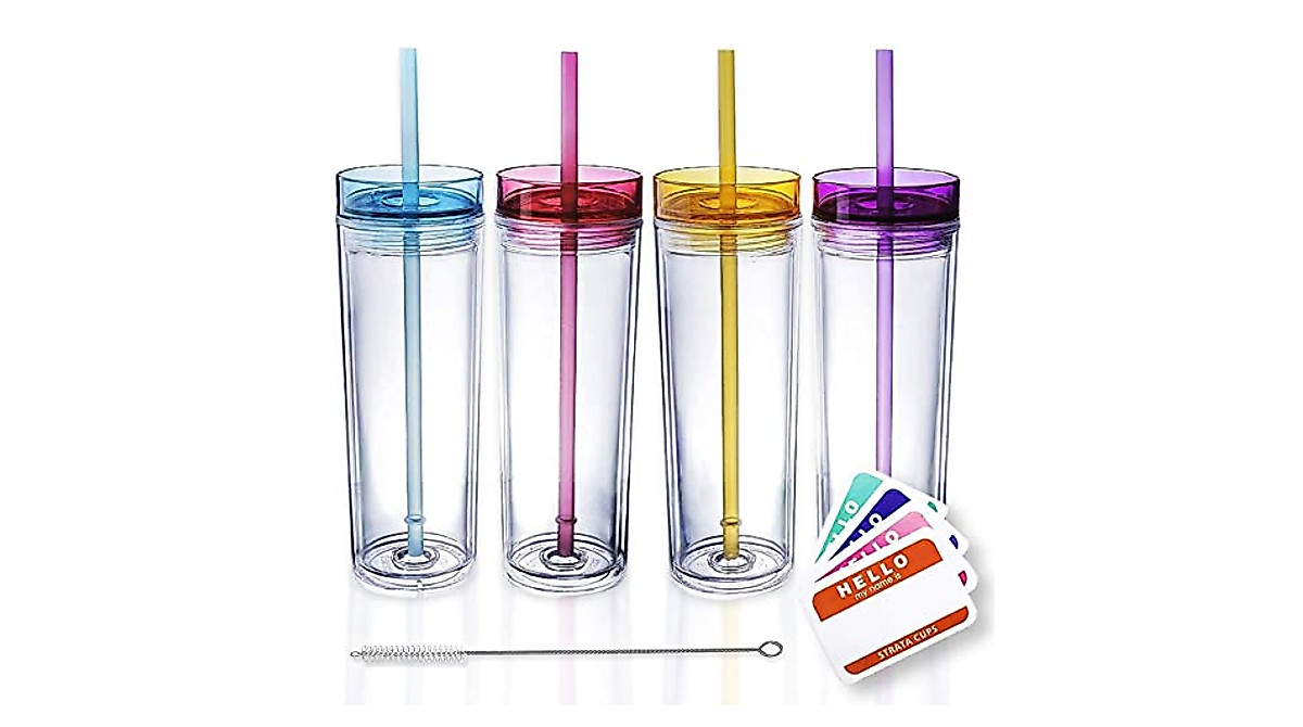 Strata Cups Skinny Tumblers: 4-Pack Insulated W/Lids & Straws