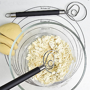 Guowall Stainless Steel Dough Whisk for Dutch Bread with Rubber Anti-Slip Handle 12 inch Dough Blender Mixer Baking Tools for Cake Bread Pizza Pastry Biscuits