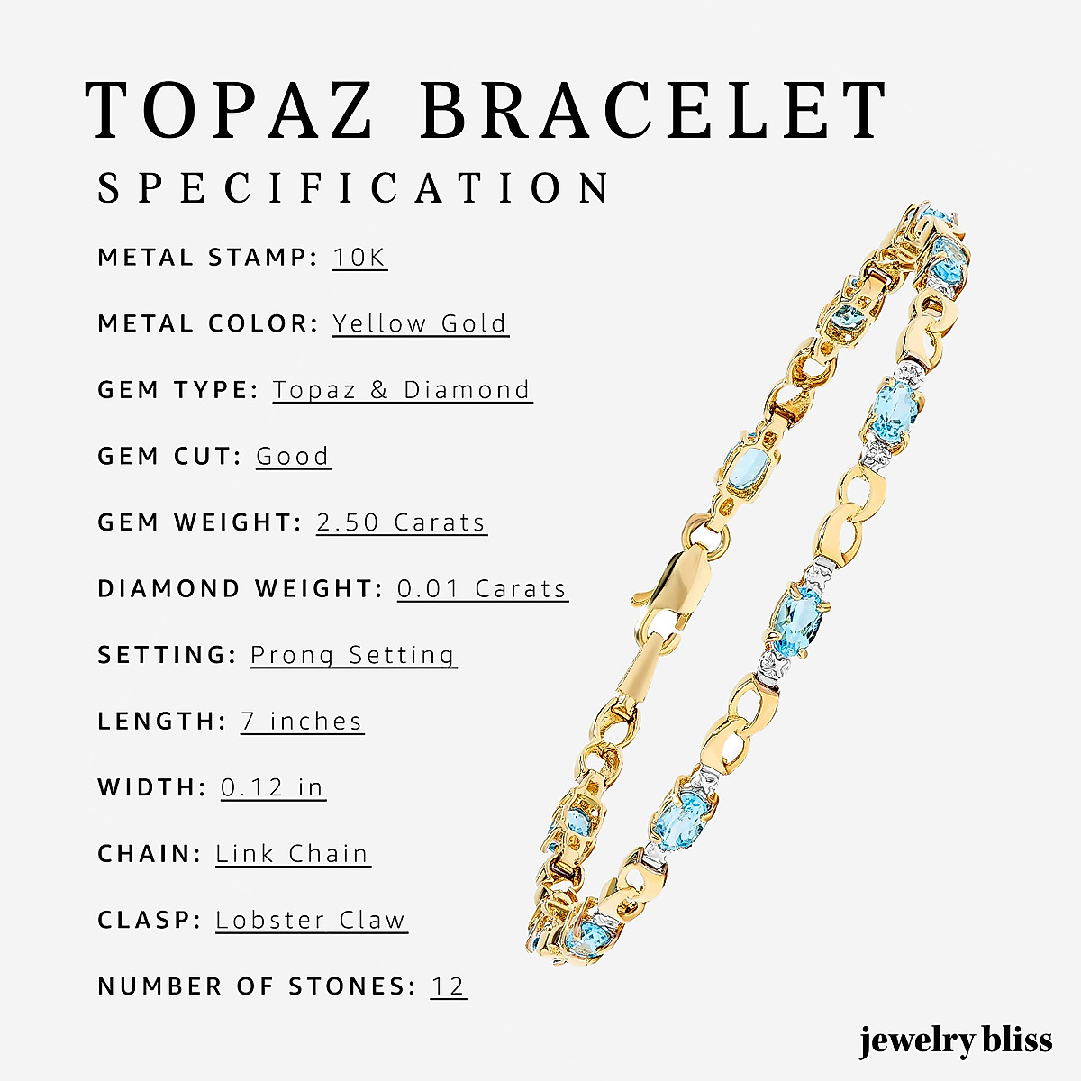 10k Yellow Gold Oval Blue Topaz and Diamond Accent Infinity Link Bracelet