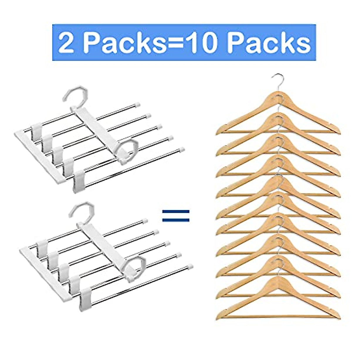 JEWYOCO 2 PCS Space Saving Pants Hangers Non-Slip Clothes Organizer 5 Layered Pants Rack for Scarf Jeans Trousers White