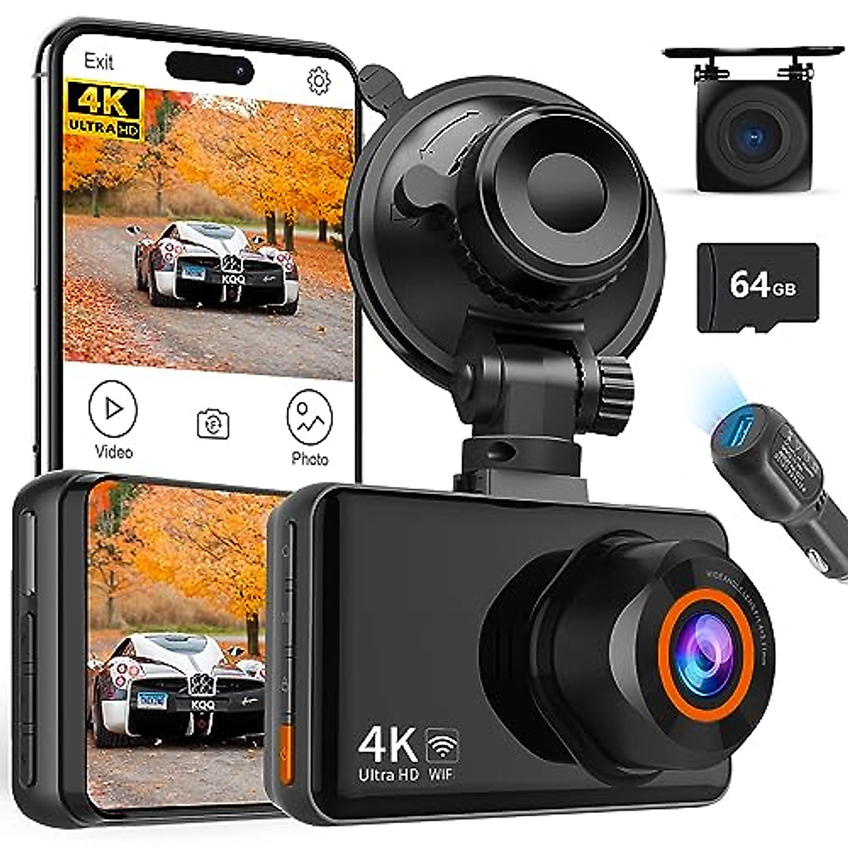 4K/2.5K WiFi Dash Cam Front and Rear with 64GB Sd Card,KQQ 3.5" Small Dash Camera for Cars Dual DashCamera para Carro Driving Recorder,60HZ,App Control,WDR NightVision,WideAngle,Park Monitor,G-Sensor