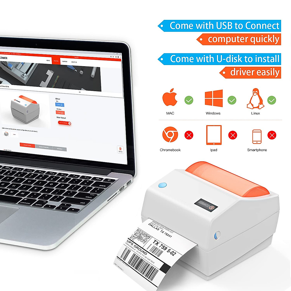 Comer Shipping Label Printer 4×6 -Commercial Direct Thermal Printer High Speed Barcode Label Maker Machine Compatible with Windows Mac Linux for Warehouse Ebay Amazon USPS FedEx DHL