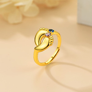 Custom4U Gold Baby Feet Ring 925 Sterling Silver Engraved Mother Open Rings Adjustable Gift for Women Mom Grandma