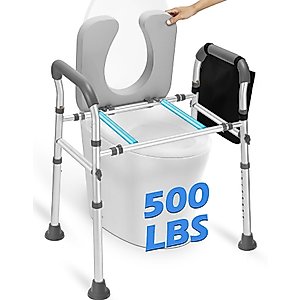 Raised Toilet Seat with Handles, Heavy Duty 500lb Toilet Seat Risers for Seniors, Extra Support Bars for Soft Padded Seat, Adjustable Width & Height Toilet Seat Riser for Disabled-Gray