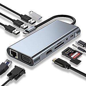 USB C HUB, USB C Adapter 11 in 1 Dongle with 4K HDMI, VGA, Type C PD, USB3.0, RJ45 Ethernet, SD/TF Card Reader, 3.5mm AUX, Docking Station Compatible