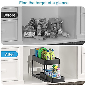 YIYUE Under Sink Storage, Adjustable Height Bathroom Kitchen Pull Out under Sink Organizer and Storage, 2 Tie Non - slip Sturdy Double Sliding Drawers Black