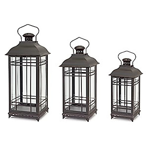 Melrose Rustic Decorative Hanging Metal and Glass Outdoor Porch Deck Patio Home Room Décor Lantern Candle Holder Lights, Bronze (Set of 3)