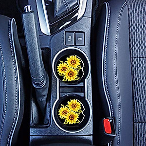 Car Coasters for Drinks Cup Holders Absorbent,2 Packs Ceramic Car Cup Holder Coaster,Cute Car Accessories for Women,Stone Black Car Coasters with Finger Notch and Easy Clean(Painting Sunflower)