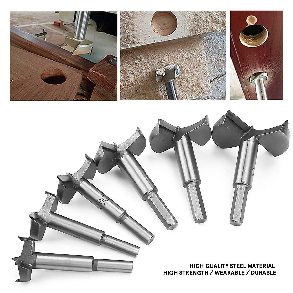 Hilitand Forstner Drill Bits Set, 6pcs 30/35/40/45/50/60mm High Strength Steel Flat Bits Drill Set Woodworking Hole Saw Wood Cutter Tool