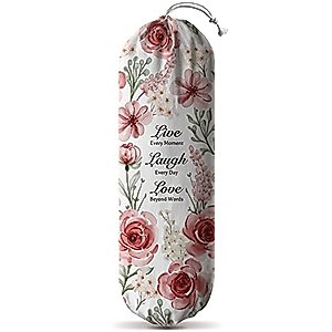 Hglian Grocery Plastic Bag Holder Dispenser, Inspirational Farmhouse Plastic Bag Organizer Storage Container for Shopping Trash Bags,Cute Flowers Kitchen Décor Gifts for Women Mom Friend Grandma Pink