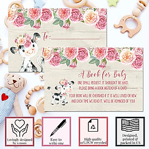 Amanda Creation Watercolor Pink Floral Cow “Bring a Book” Cards for Baby Showers, 20 2.5 by 4 Inch Double Sided Insert Cards, Invite Guests to Bring a Book for the Baby