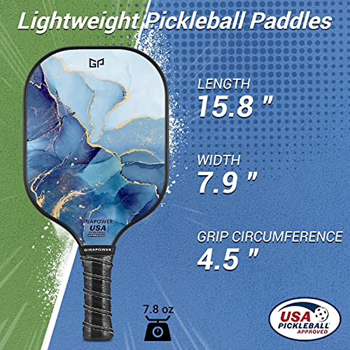 GIGAPOWER Pickleball Paddles | USAPA Approved | Graphite Carbon Face with Polypropylene Honeycomb Core | Lightweight Pickleball Paddles Set of 2 Rackets, 4 Balls and 1 Carry Bag, Ocean Marble