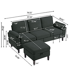 Pingliang Home 79" Convertible Sectional Sofa, Small L Shaped 3-Seat Couch with Reversible Chaise, Modern Linen Sofas Couches for Living Room, Apartment and Small Space, Black