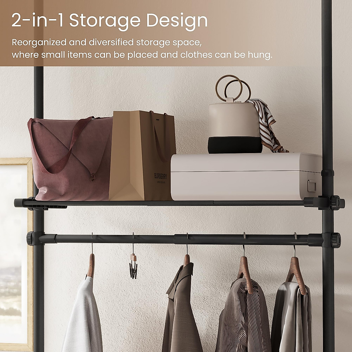 DYN Ptah 4-Tier Over Toilet Bathroom Organizer Floor to Ceiling, Over The Toilet Storage Rack with Tension Poles/Shelves/Clothes Rail, Adjustable Height, Width and Position, Metal Black