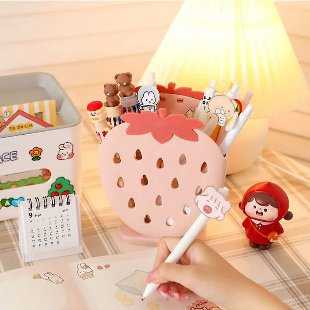 Strawberry Desk Organizer with 2 Compartments Cute Kawaii Pencil Holder Make Up Brush Holders Pen Holder for School Girls Teens Room Decor Storage and Organization (Light Pink)