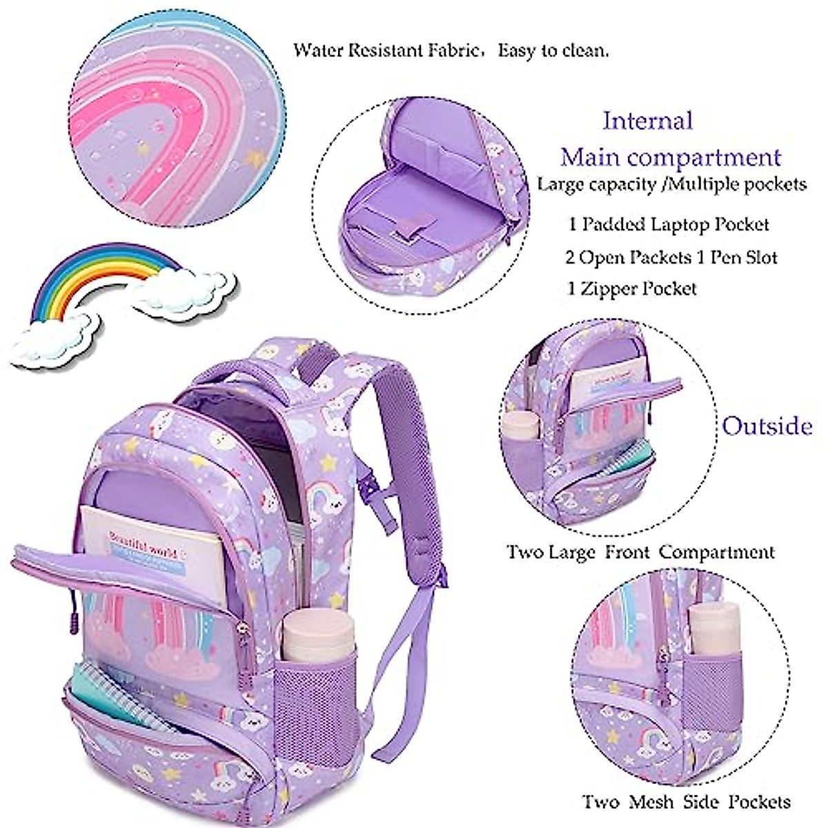 Girls Backpack for Elementary Rainbow Backpack 3 in 1 School Bookbag with Lunch Bag Pencil Case Purple Back to School