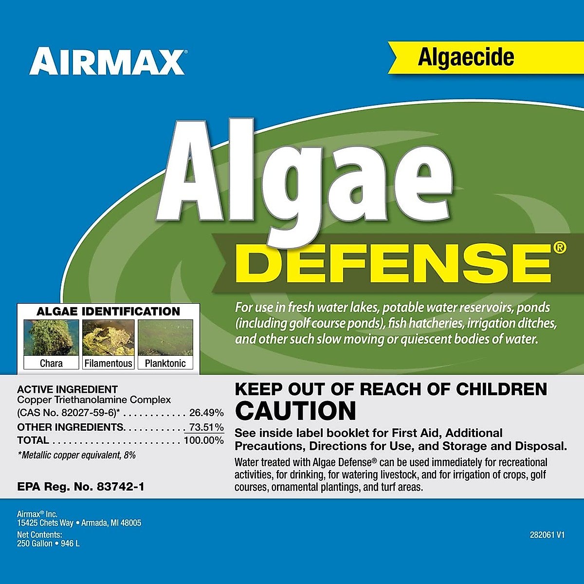 Airmax Algae Defense, EPA Registered Algaecide Pond & Lake Water Treatment, Floating Moss, Green Slime Scum & Chara Killer for Large Ponds & Lakes, Outdoor Liquid Spray Copper Based Solution, 1 Gallon