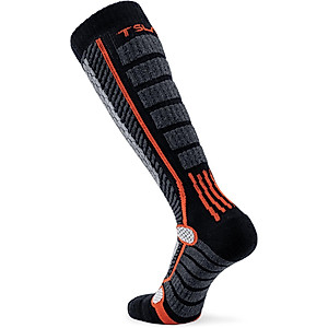 TSLA Men and Women Winter Ski Socks, Calf Compression Snowboard Socks, Warm Thermal Socks for Cold Weather, 2pairs Black/Black &amp; Orange, Medium