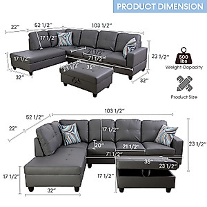Caberryne Sectional Couch for Living Room Furniture Set Dack Grey,Sectional Sofa Set L Shape Sofa and Chaise with Storage Ottoman for Living Room/Apartment（Dack Grey,Facing Left Chaise）