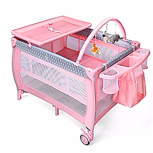 HONEY JOY Pack and Play with Bassinet, 3 in 1 Portable Baby Playard with Infant Full-Size Bassinet & Changing Table, Diaper Stacker, Foldable Play Yard Nursery Center w/Toy Bar, Oxford Bag (Pink)