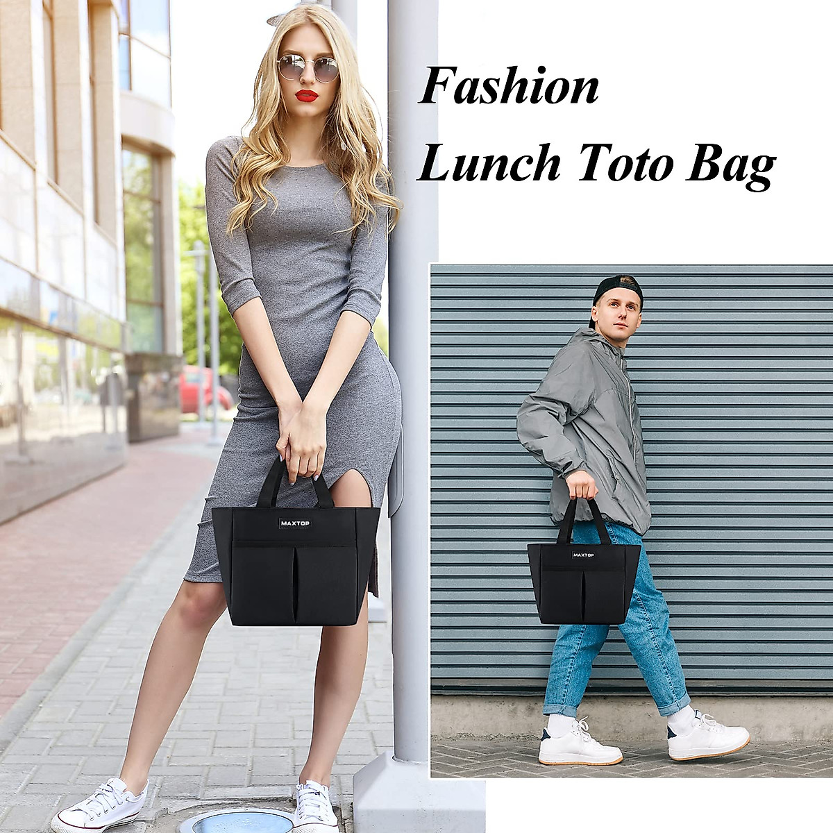 MAXTOP Lunch Bags for Women,Insulated Thermal Lunch Tote Bag,Lunch Box with Front Pocket for Office Work Picnic Shopping (Black, Medium)