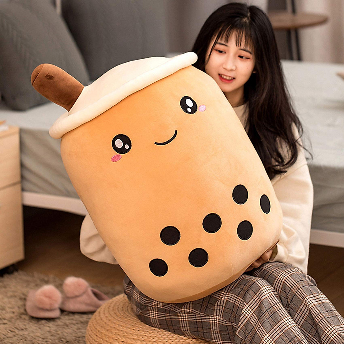 Cartoon Tea Plush Pillow,Plush Boba Figurine Toy,24/35 cm Cute Bubble Tea Cup Shaped Pillow with Suction Tubes (Pink, Large)