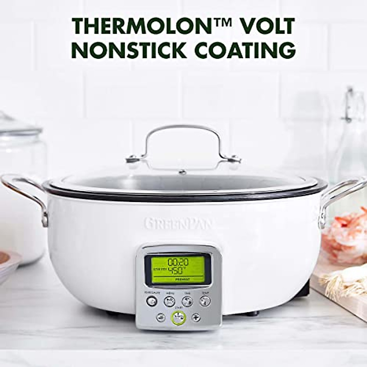 GreenPan Elite Essential Smart Electric 6QT Skillet Pot,Sear Saute Stir-Fry and Cook Rice, Healthy Ceramic Nonstick and Dishwasher Safe Parts, Easy-to-use LED Display, PFAS-Free, Cream White