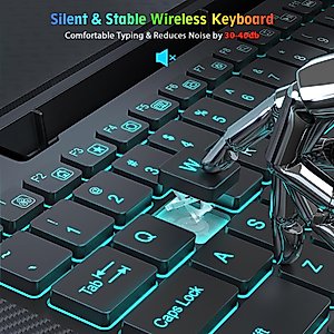 SABLUTE Wireless Keyboard with 7 Colored Backlits, Wrist Rest, 2.4G Computer Gaming Keyboard with Phone Holder, Rechargeable Full Size Ergonomic Keyboard with Silent Keys for MacBook, PC, Laptop
