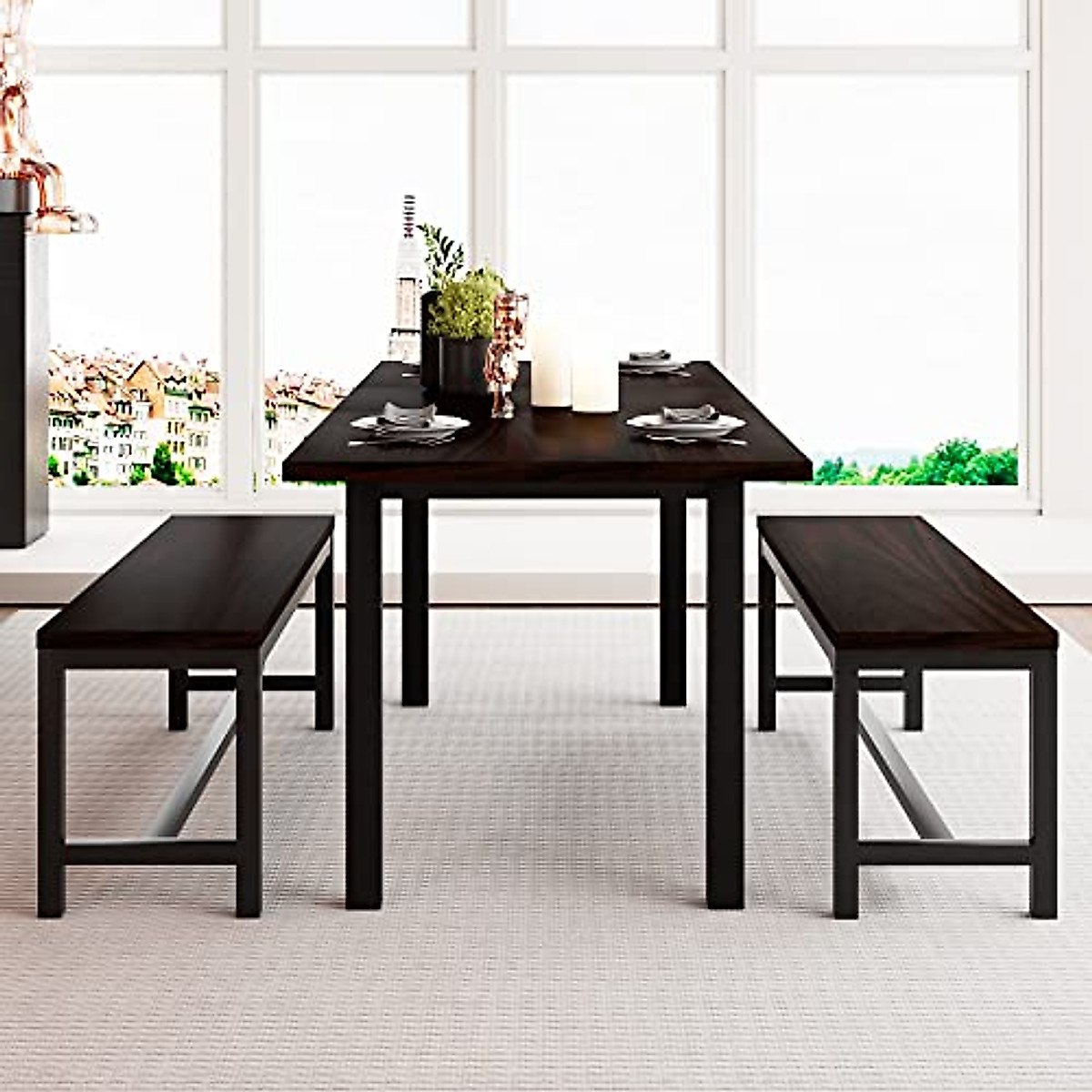 Feonase 3-Piece 63" XL Large Dining Table Set for 4-8 People, Extendable Kitchen Table Set with 2 Benches, Dining Room Table with Metal Frame and Solid MDF Wood Board, Easy Assembly, Espresso