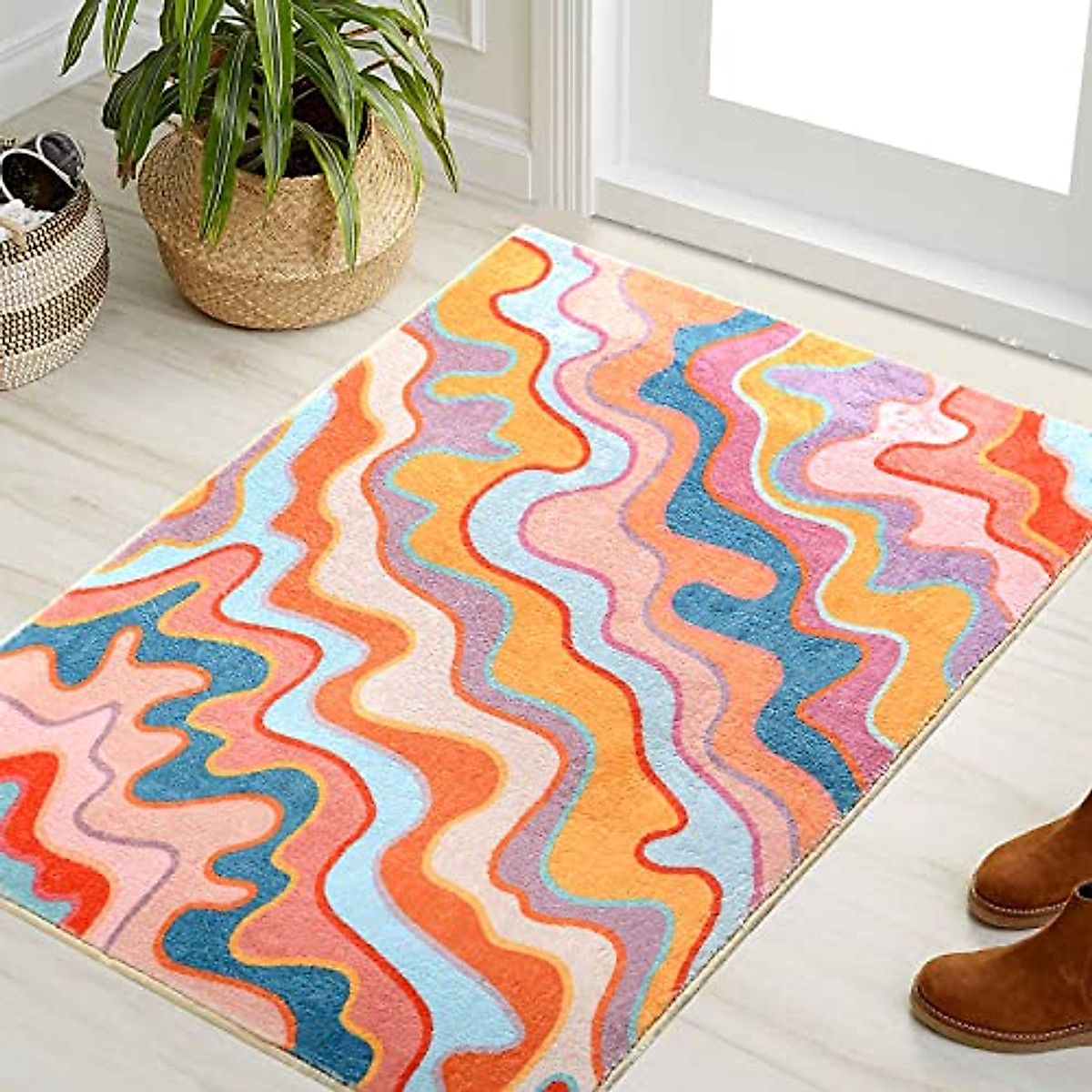 YoKii Vintage Abstract Small Area Rug 2x3 Faux Wool Hippie Aesthetic Colorful Striped Geometric Non-Slip Bathroom Rubber Backed Throw Rug for Kitchen Entryway Indoor Doormat, Orange and Blush