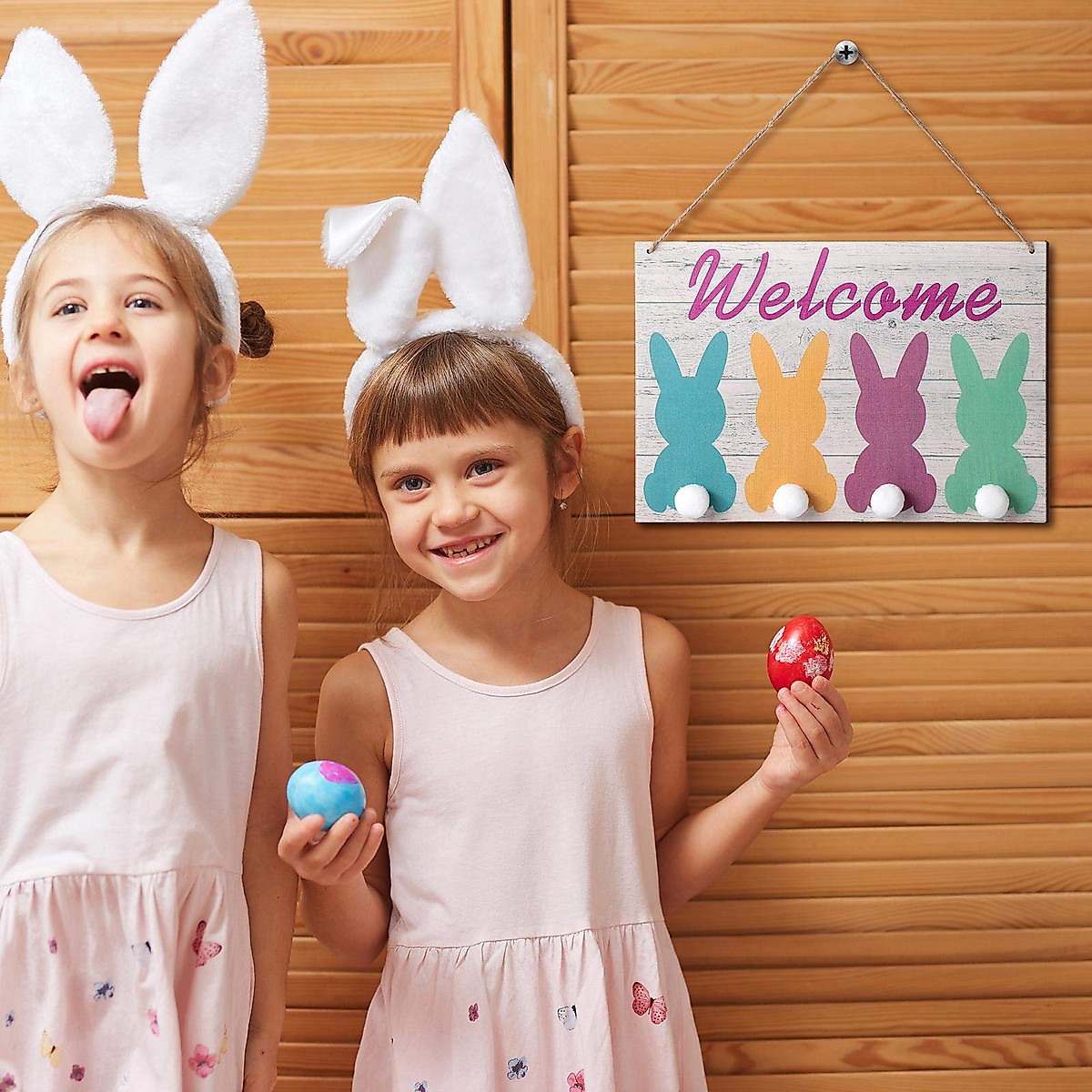 2 Pieces Happy Easter Wooden Sign Easter Hanging Wood Decor Easter Welcome Door Sign Gnome Bunny Eggs Wood Easter Decorations for Home Garden Spring Party, 12 x 7.8 Inch