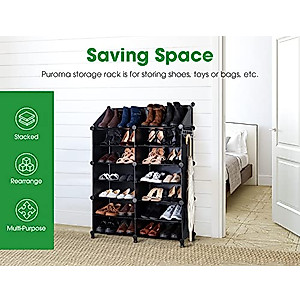 Puroma Stackable Shoe Storage Organizer Cabinet, 12-Cube Plastic Shoe Storage Rack Durable Modular Shoe Cabinet with Wooden Mallet DIY for Home, Office, Bedroom（Black