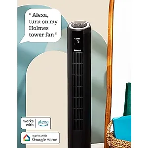 HOLMES 42" SmartConnect WI-FI Digital Tower Fan, ClearRead Display, Alexa Voice Control, 90° Oscillation, 5 Speeds, 4 Modes, 8-Hour Timer, Home, Bedroom or Office, Remote Control, Matte Black