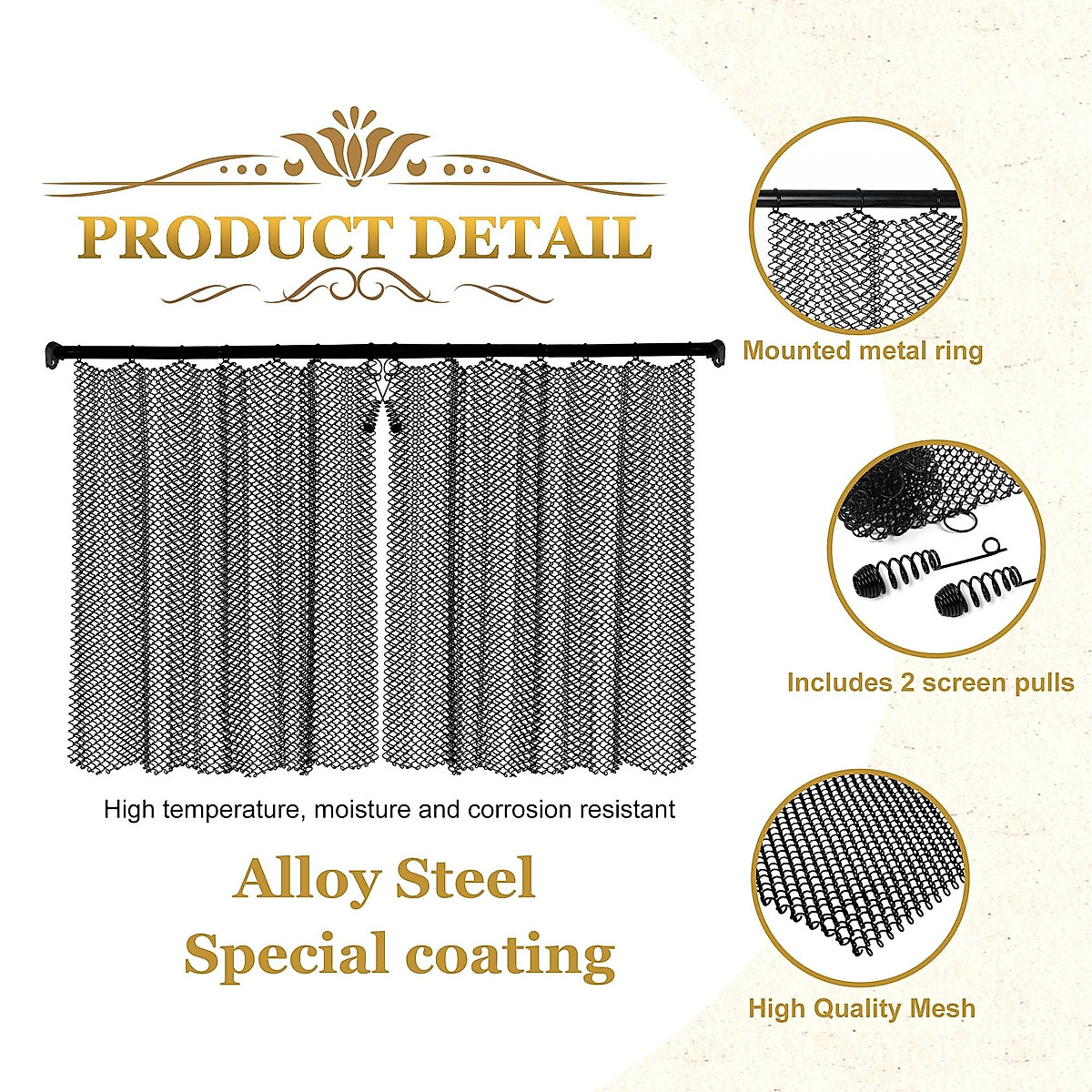 Fireplace Mesh Screen Curtain with Adjustable Rods, 2 Pack Decorative Spark Guard Chain, Easy-to-Install Hanging Replacement Screens for Wood Burning Fireplaces (22" H x 27.5" W)