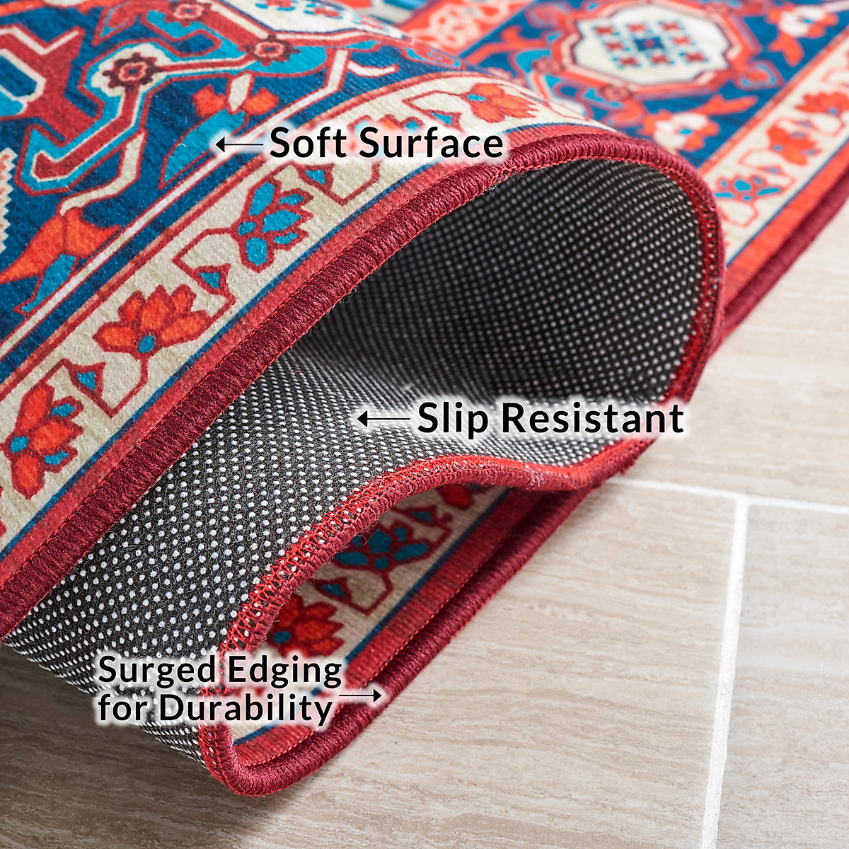 SAFAVIEH Tucson Collection Area Rug - 6'6" x 9', Red & Blue, Medallion Design, Non-Shedding Machine Washable & Slip Resistant Ideal for High Traffic Areas in Living Room, Bedroom (TSN101Q)