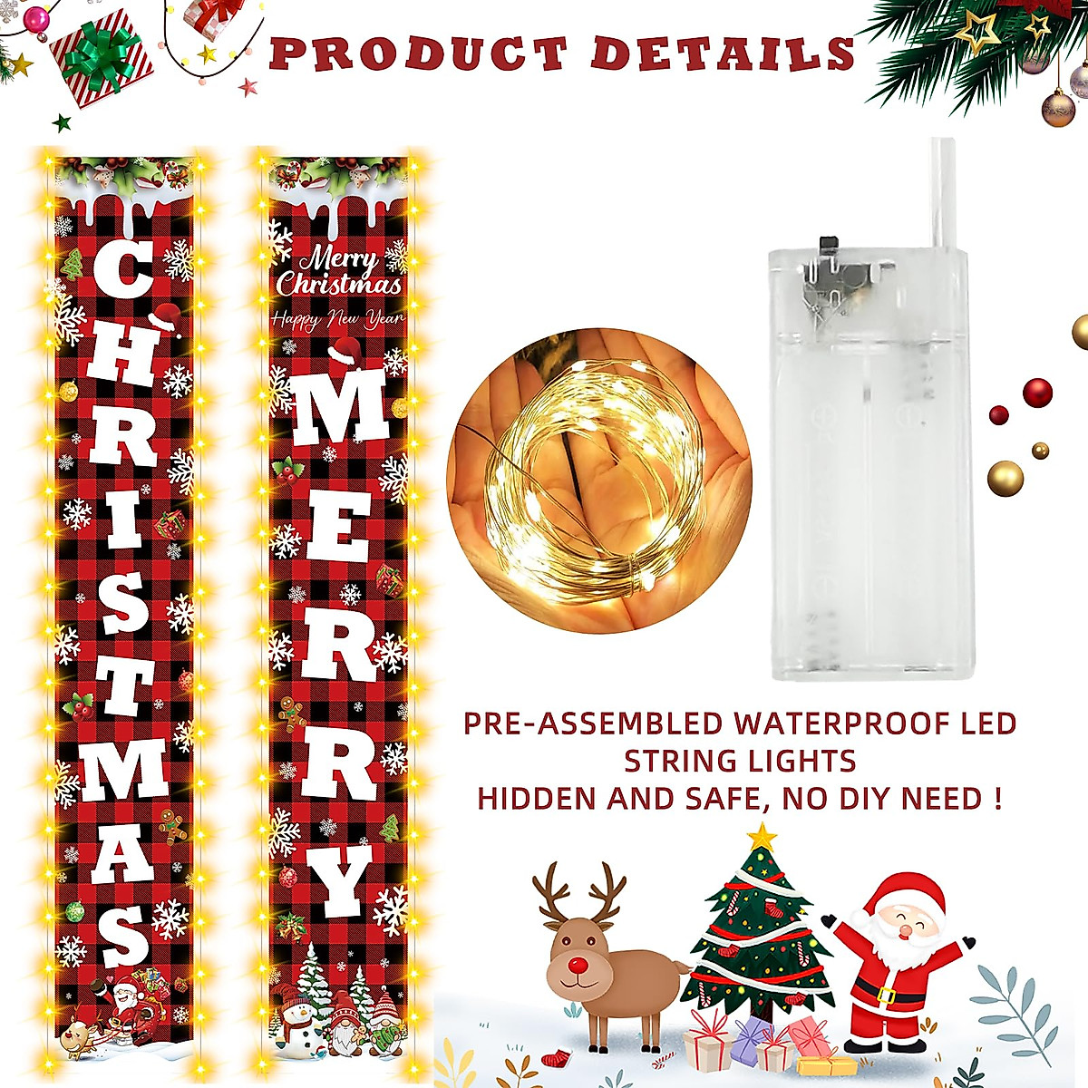 Christmas Porch Signs Banner for Outdoor Christmas Decorations with Lights, Merry Christmas Sign Hanging Door Banners(71"x 12") for Home Wall Front Indoor Yard Merry Christmas Banner