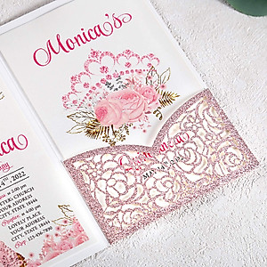 DreamBuilt 4.7x7 inch 50PCS Blank Rose Gold Glitter Quinceanera Invitations Kit, Laser Cut Hollow Rose Quinceanera Invitation Cards with Envelopes