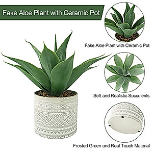 Hisow Artificial Potted Plants, 13.8" Artificial Succulent Fake Aloe, Large Faux Aloe Plant in Pot for Home Office Room Badroom Garden Decor (Grey)
